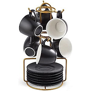 YHOSSEUN 3 Ounces Espresso Cups with Saucers Set, Porcelain Latte Cups and Metal Stand Demitasse Cups for Espresso, Latte, Cafe Mocha, Cappuccino and Tea, Set of 6, Black