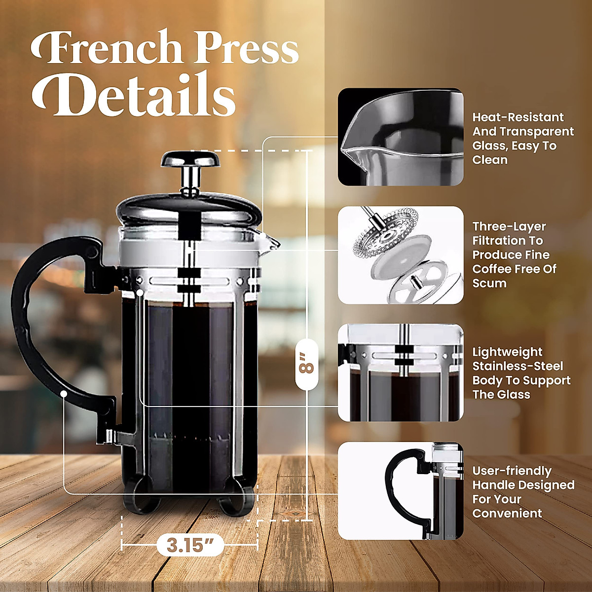 NOVANIL FRENCH COFFEE KIT - ANTIQUE STYLE COFFEE SET, FRENCH PRESS & HEAT-RESISTANT GLASS POT, WOODEN MANUAL COFFEE GRINDER & GIFT BOX