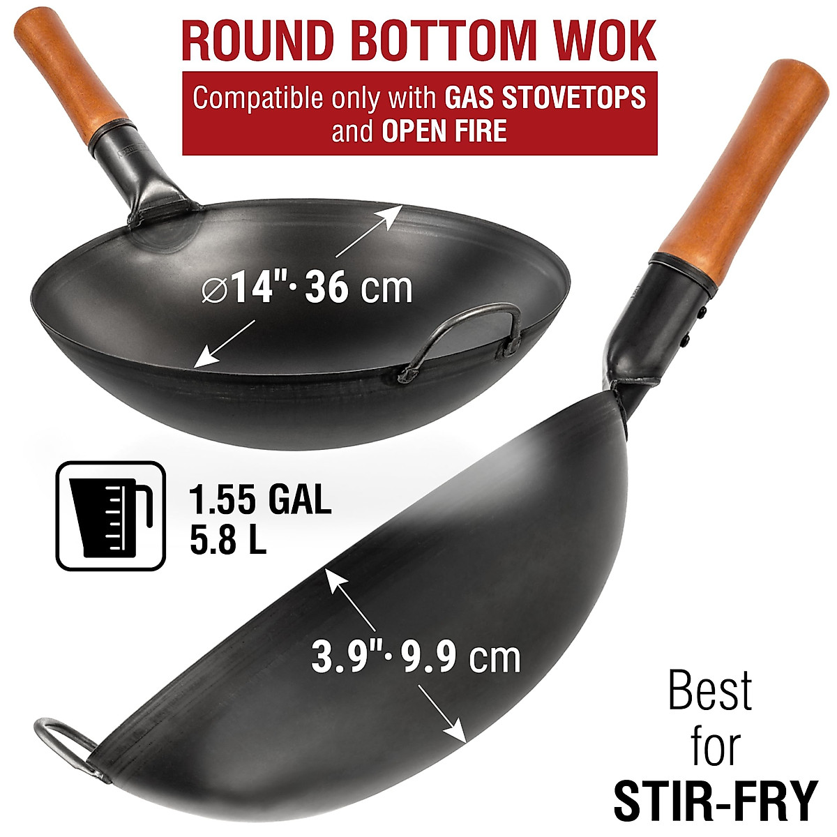 YOSUKATA Carbon Steel Wok Pan - 14 in Woks and Stir Fry Pans - Chinese Wok with Round Bottom Wok - Traditional Chinese Japanese Woks - Black Steel Wok