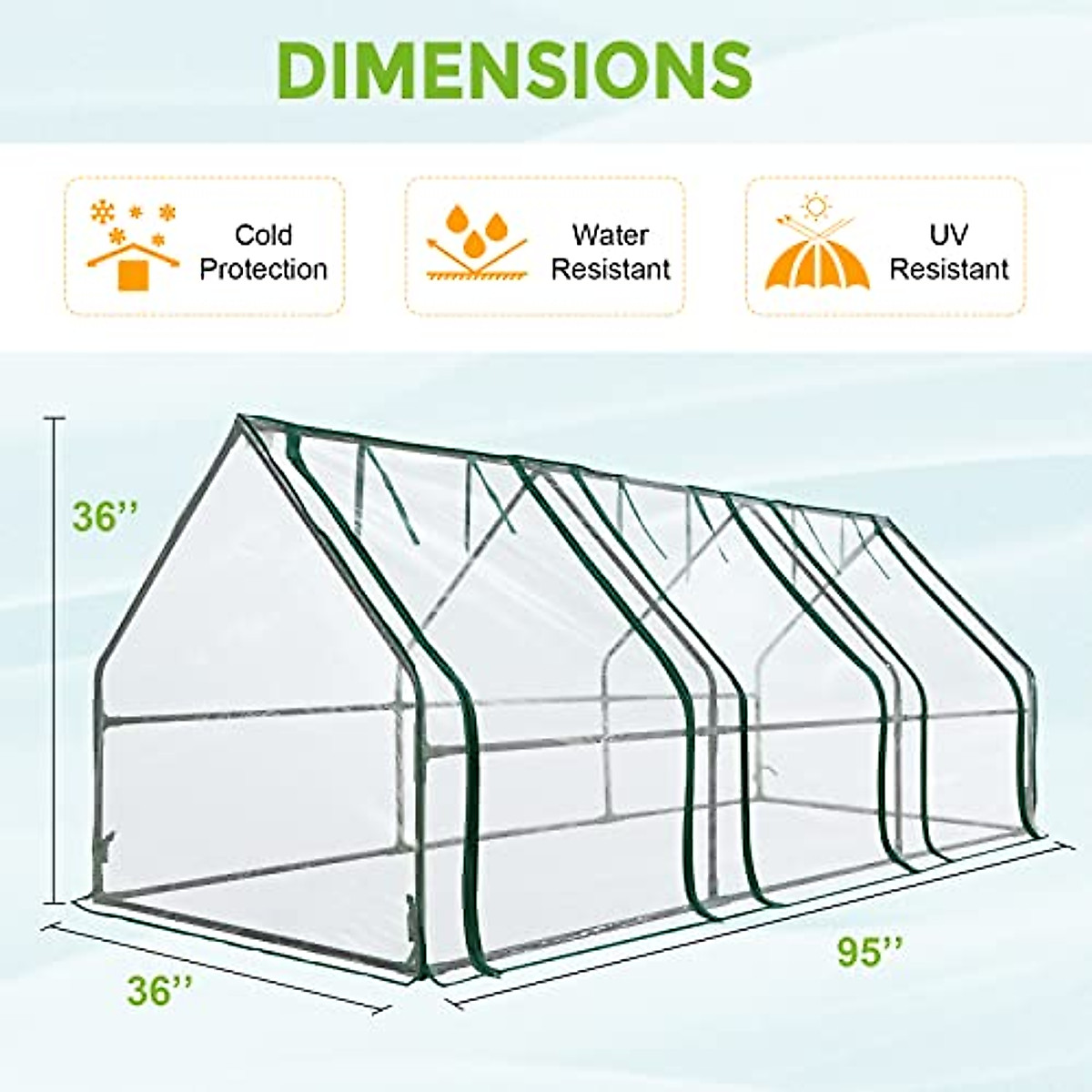 EAGLE PEAK Garden Low Tunnel Portable Greenhouse 96'' x 36'' x 36'' with Large Zipper Doors for Indoor Outdoor Plants Mini Hot House PVC Cover Easy Access Zippered Doors, Transparent