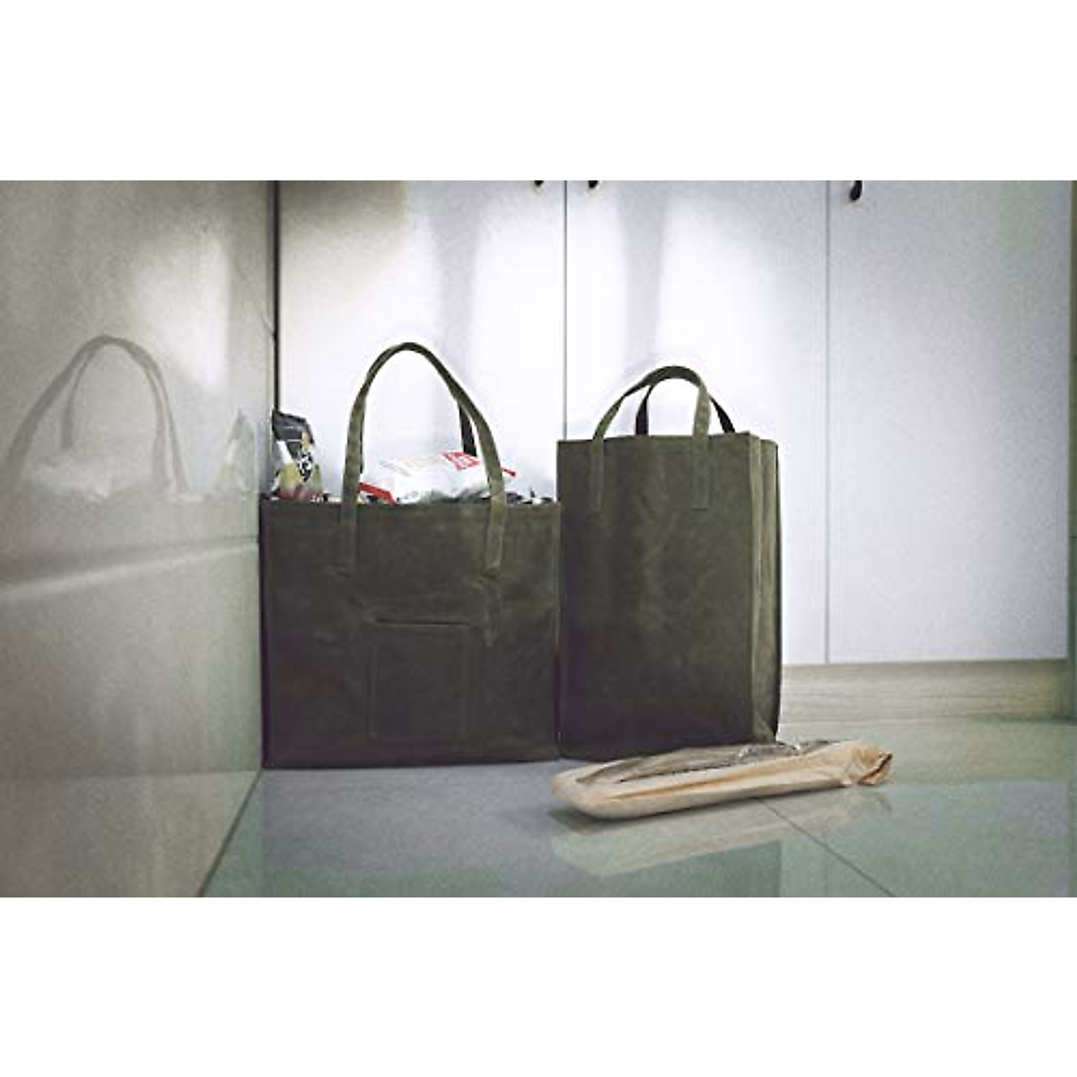 Kaaltisy Waxed Canvas Reusable Grocery Bag Heavy Duty Waterproof Shopping Bag Well Self-standing Durable Farmers Market Bag, Wide, Hard Handfeel