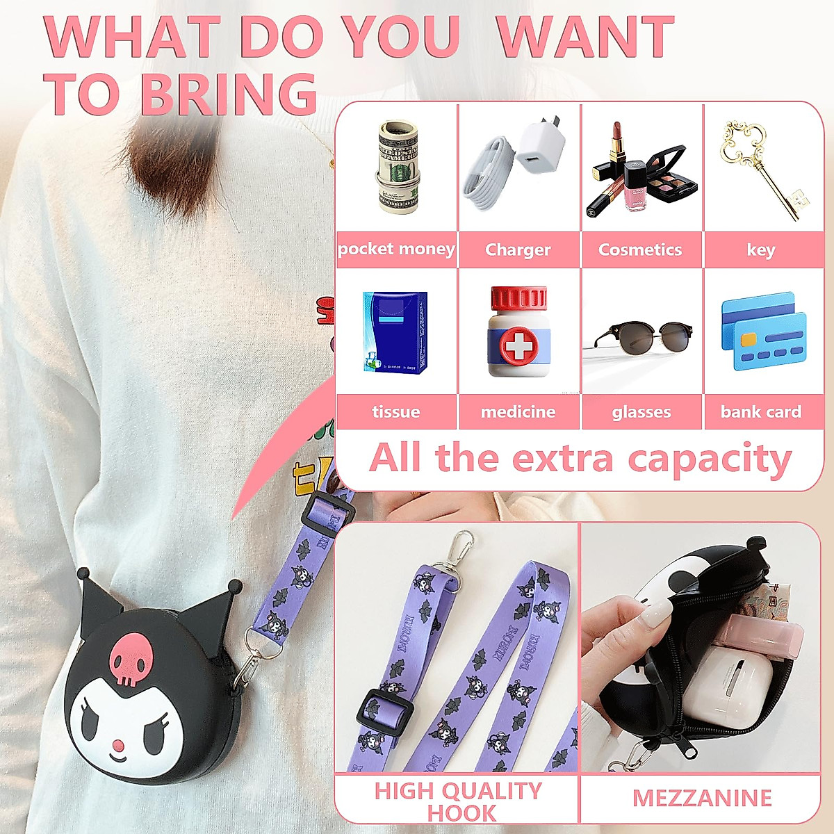 CZZLYJ Kawaii Bag, Cute Cartoon Shoulder Bag with Zipper, Anime Wallet Purse with Lanyard, Novetly Accessories for Grils Birthday Gifts