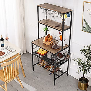 Coffee Bar Cabinet with Glass Holder,Wine Rack Freestanding Floor,Wine Rack Table with Mug Rack and Bottle Holder, Floor Liquor Wine Cabinet Storage, Multi-use Bar Cabinet for Home Kitchen Dining Room