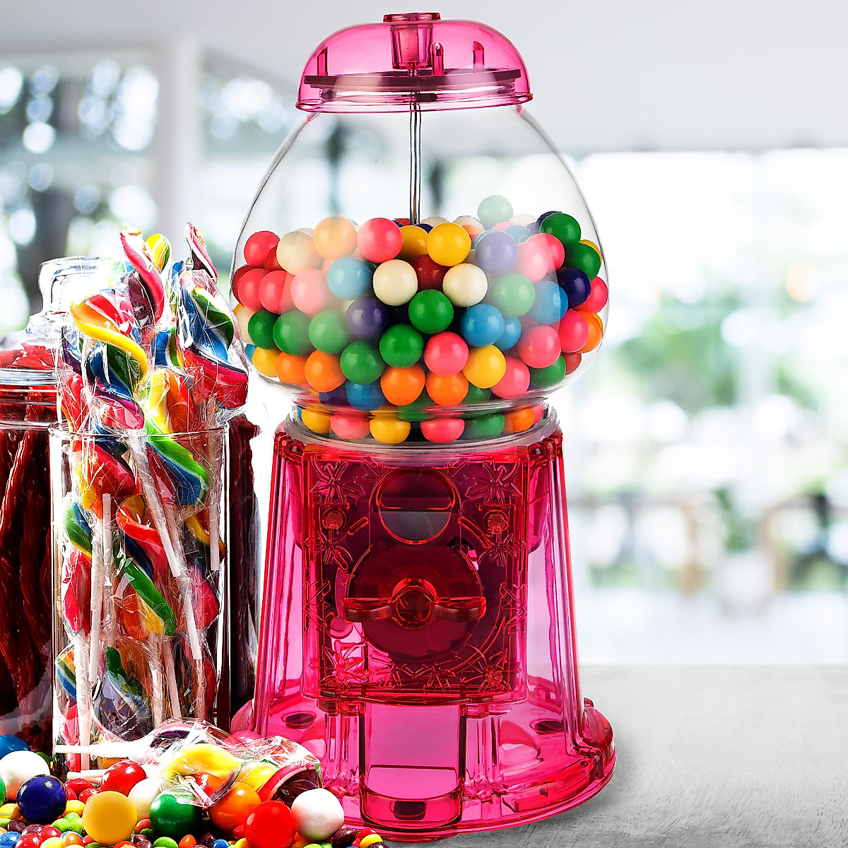 11-Inch Translucent Gumball Machine - Coin-Operated Candy Dispenser Vending Machine and Piggy Bank by Great Northern Popcorn (Pink)