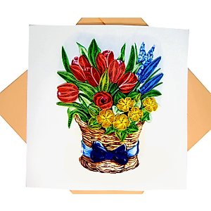 Mixed Flower basket, Quilling Card 3D,Unique Dedicated Handmade, Design Greeting Card for Birthday, Valentine's Day, Mothers Day, Spring, Fathers Day, Graduation, Wedding, All Occasion,6"x6"