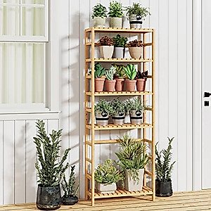 Bamjoy Bamboo Shelf, 6 Tier Bookcase Storage Shelves, Tall Book Rack Shelving Unit, Multipurpose Storage Display Shelf Adjustable Shelves Plant Stand for Home Office Bathroom Kitchen Living Room, 64"H