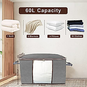 60L clothing organizer clothes storage container closet organizer storage bags for clothes under bed storage bin organizer for closet,shelves, basement （6 pack, grey)