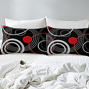 Red Black Grey Comforter Cover Twin Geometric Circle Pattern Bedding Set For Kids Boys Teen Adults,Abstract Simple Geometry Duvet Cover Modern Round Lines Bed Set Farmhouse Home Room Decor 2 Pcs