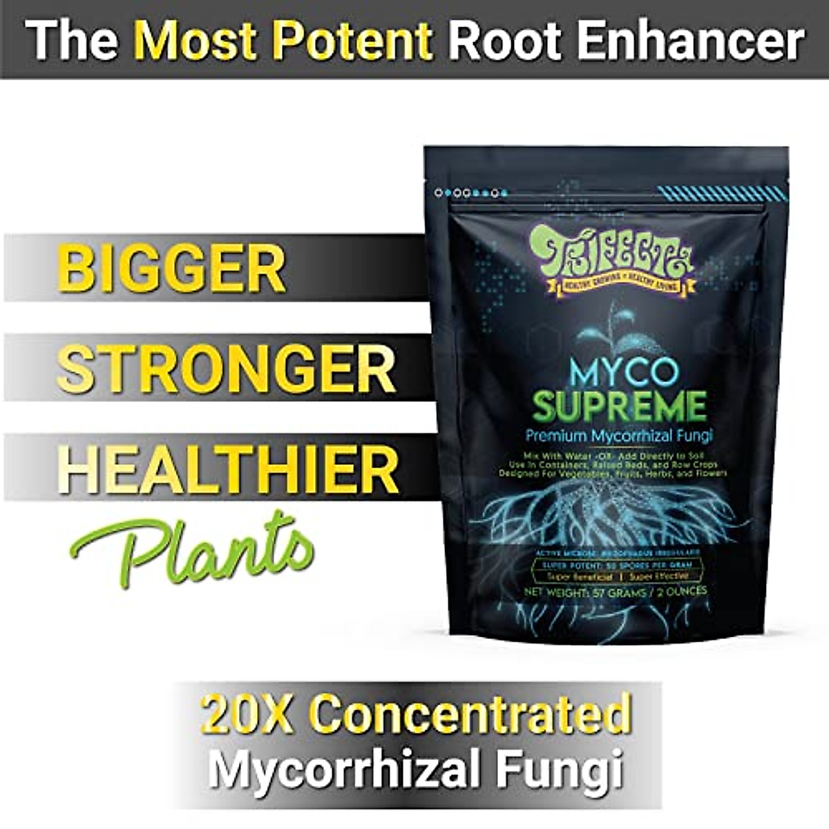 Mycorrhizal Fungi Root Enhancer for Plants - Bigger, Stronger, Healthier Roots, Use in Soil and Mycorrhizae Hydroponic - Super 20X Concentrated - Trifecta Myco Supreme (57 Grams / 2 OZ)