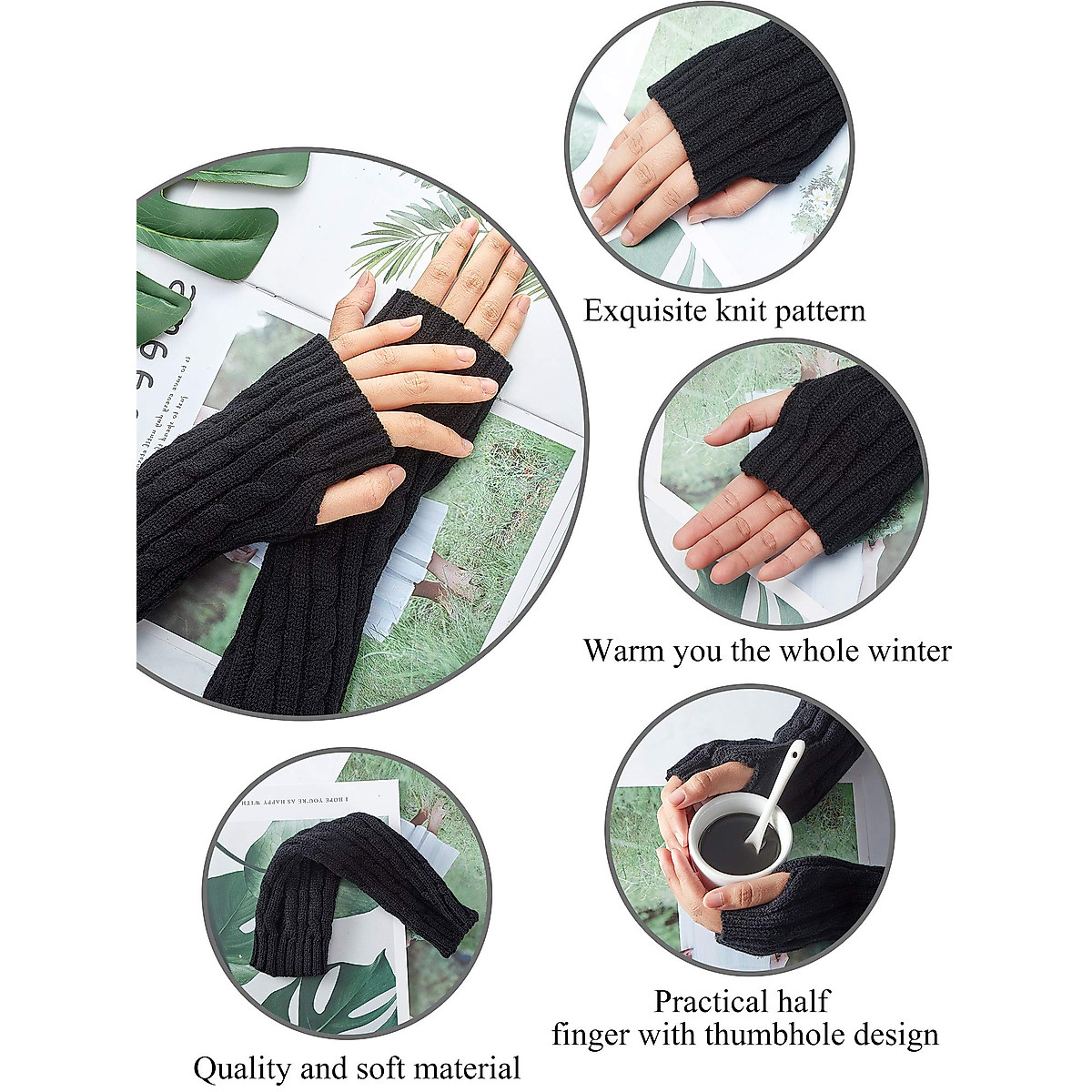 4 Pairs Knitted Arm Warmers Gloves Winter Long Fingerless Gloves Thumb Hole Gloves Mittens for Women and Men (Black, Dark Gray, Wine Red, Coffee)