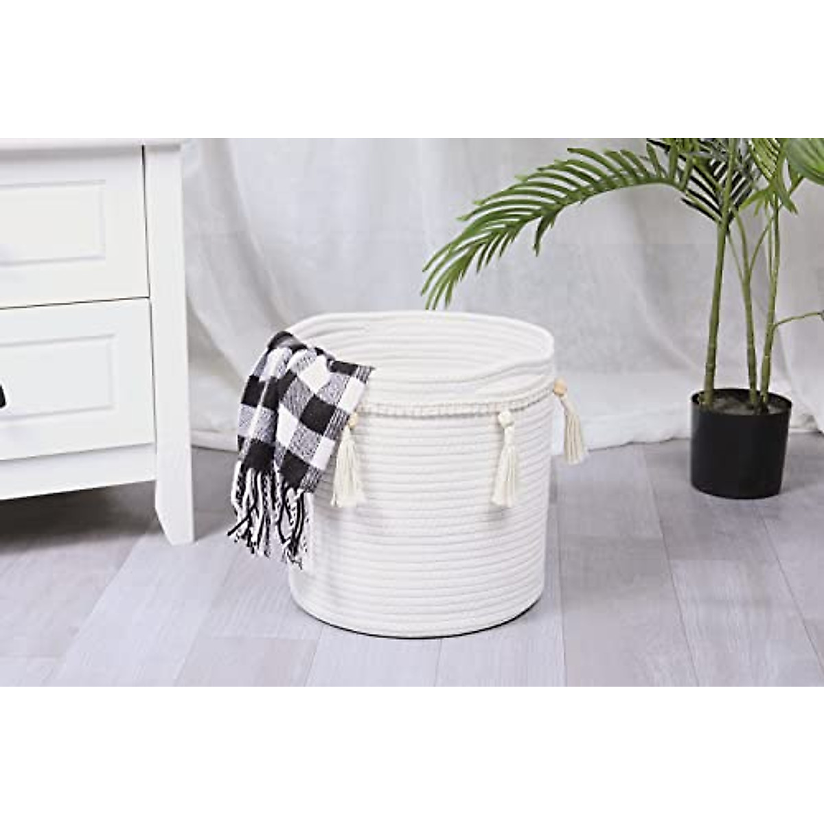 Boho Basket with Cute Macrame Woven Tassel, Cotton Rope Storage Bins Organizer for Boho Room Decor,Bedroom Decor,Plant Basket 11"X11"