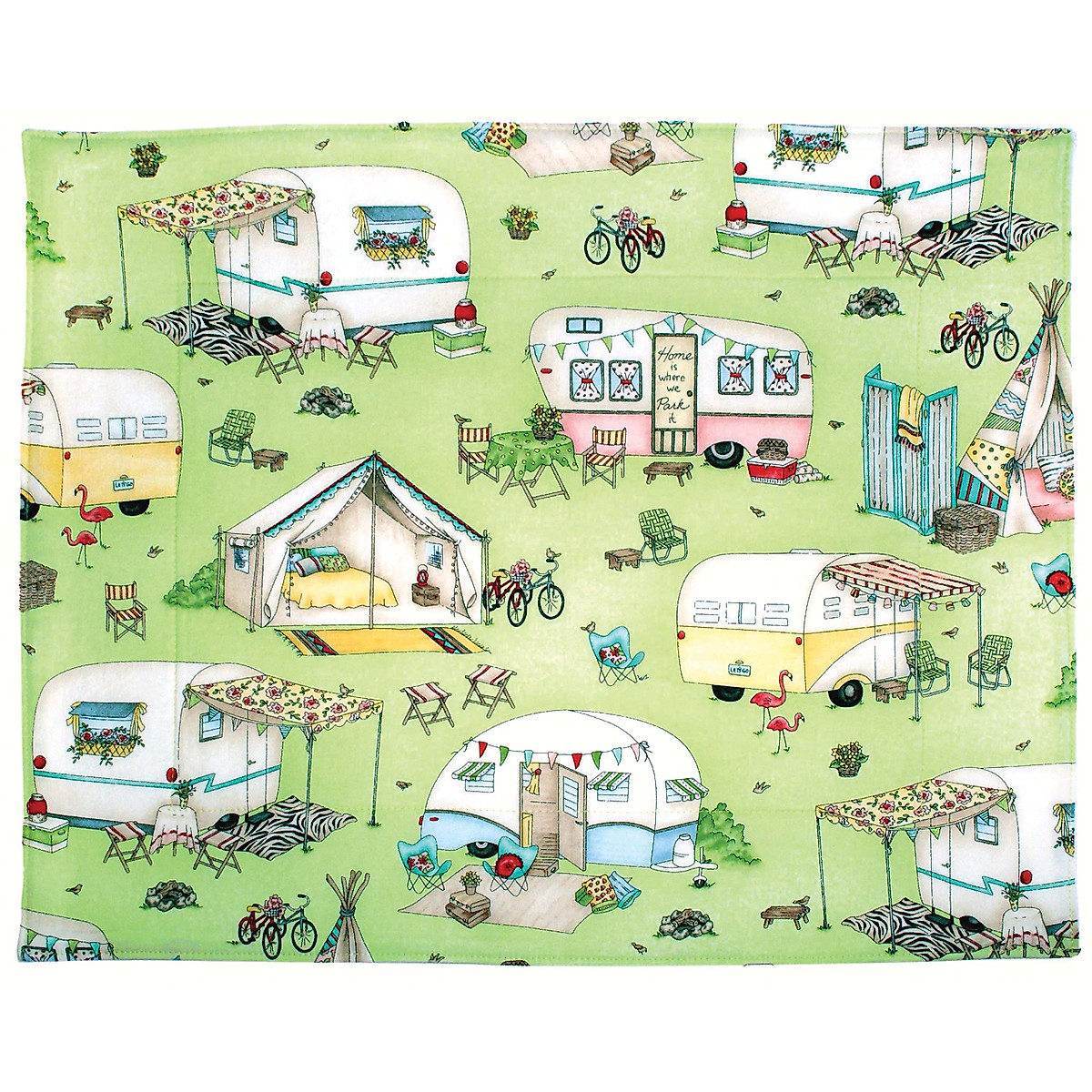 Camping Scenes on Green Coffee Station Mat - Dish Drying Mat - Pet Placemat - Appliance Mat - Camper Mat - 16 x 20 Inches - Handmade by Green Acorn Kitchen