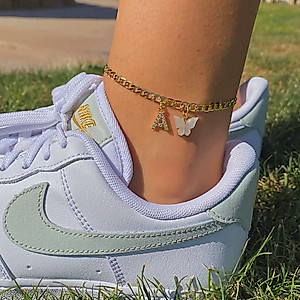 VIROMY 14K Gold Plated Dainty Butterfly Initial Ankle Bracelets Handmade Cuban Chain White Butterfly A Alphabet Letter Initial Anklets Personalized Summer Beach Jewelry Gifts for Women A