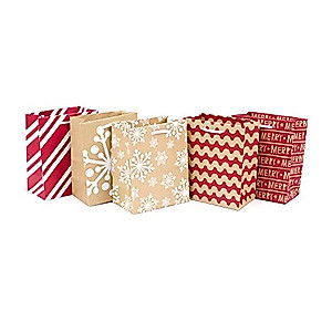 Hallmark 6" Small Holiday Gift Bag Set (Pack of 5; Red, White and Kraft) Snowflakes, Stripes, Merry