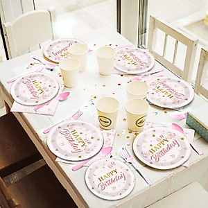 96 Pieces Pink Birthday Tableware Set for Pink Rose Gold Birthday Table Decorations Supplies Birthday Dessert Plates Napkins Forks Women Birthday Disposable Party Favors 24 Guests