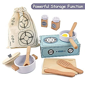 Pillowhale Wooden Toy Pots and Pans Cookware Playset for Kids Kitchen,Toddler Cooking Set,Pretend Play Kitchen Accessories for Toddlers Boys Girls Ages 3+