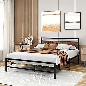 Crocofair Queen Size Bed Frame with Wooden Headboard and Footboard,Heavy Duty Metal Platform Bed Frame with Storage,Mattress Foundation Easy Assembly No Box Spring Needed(Rustic Brown)