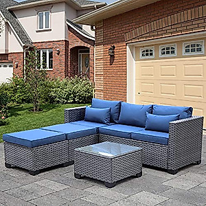 Valita 4-Piece Outdoor Rattan Furniture Set All-Weather PE Silver Gray Wicker Sofa Patio Sectional Conversation Garden Couch with Aegean Blue Cushion