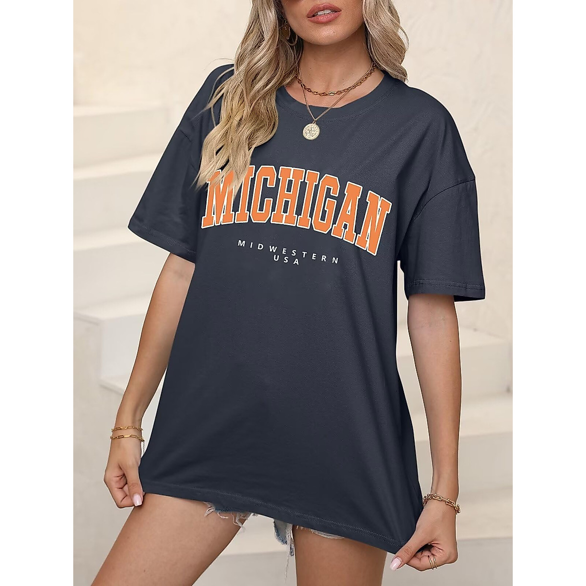 Women’s Casual Letter Graphic Print Short Sleeve Tunic Tops Round Neck Loose Tee Oversized Drop Shoulder Longline T Shirts