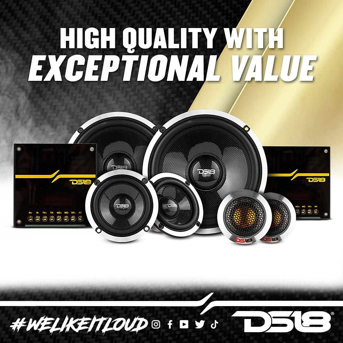 DS18 DX3N Deluxe 6.5” 3-Way Neodymium Premium Car Audio Component Speaker System - 580 Watts, 4 Ohm - Set with Woofer, Midrange, Tweeter, and Crossover (8 Piece Set)