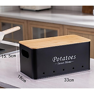 Simcat Kitchen Vegetable Storage Tins Set of 3, Potato Onion Garlic Kitchen Storage Canisters, Vegetable bin Keeper Containers with Aerating Holes and Wooden Lid (Black)