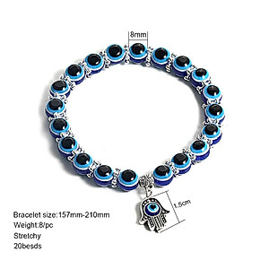 SUMMER LOVE Evil Eye Hamsa Blue Beaded Charm Stretch Bracelet Hand of Fatima Turkish Lucky Evil Eye Bracelet for Protection and Blessing