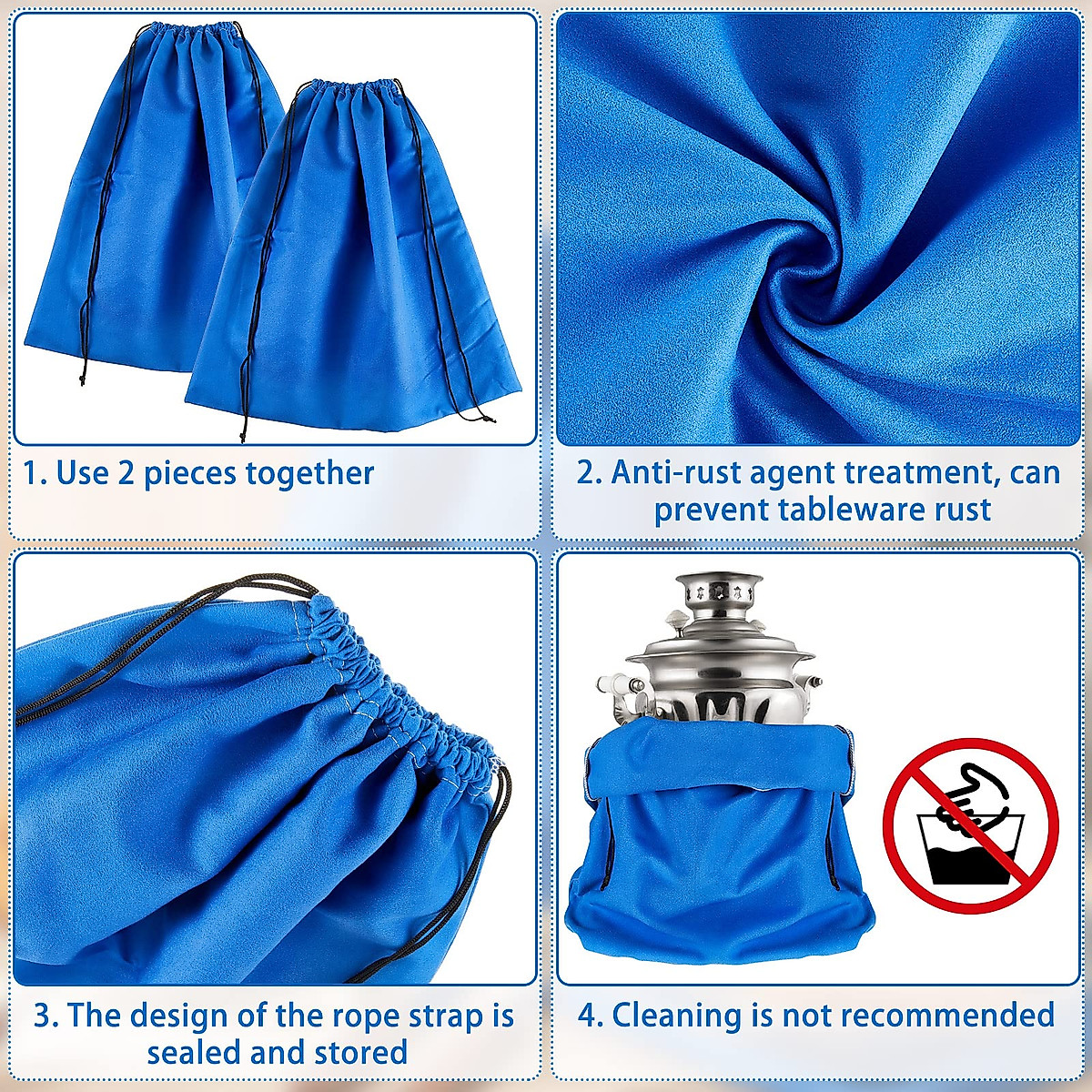 4 Pcs Anti Tarnish Storage Bag with 2 Pcs Silver Polishing Cloth 18 x 18 Inch Fabric Cloth Bags Blue Anti Tarnish Jewelry Storage Bags Silverware Bags for Silverware Silverplate Flatware Silver Trays