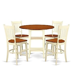 East West Furniture SUGR5H-BMK-W 5 Piece Counter Height Dining Table Set Includes a Round Kitchen Table with Dropleaf & Shelves and 4 Dining Room Chairs, 42x42 Inch, Buttermilk & Cherry