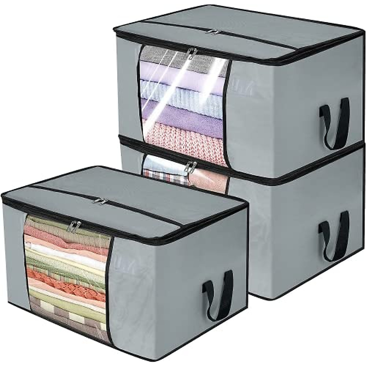 GARPROVM 3PCS Large Storage Bags, Clothes Storage Bag with Lids and Handle, Foldable Closet Organizer Storage Oxford Bag cloth for Clothing Sweaters Comforter Blanket Pillows Toys, Light Grey