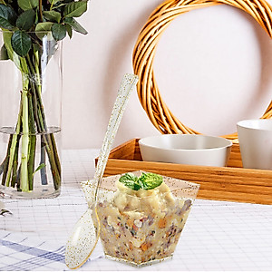 Tongcloud 25 Set Mini Plastic Dessert Cups with Spoons Gold Glitter Square Small Dessert Cups Disposable Gold Glitter Plastic Bowls with Mini Spoons Great for Party Desserts Appetizers