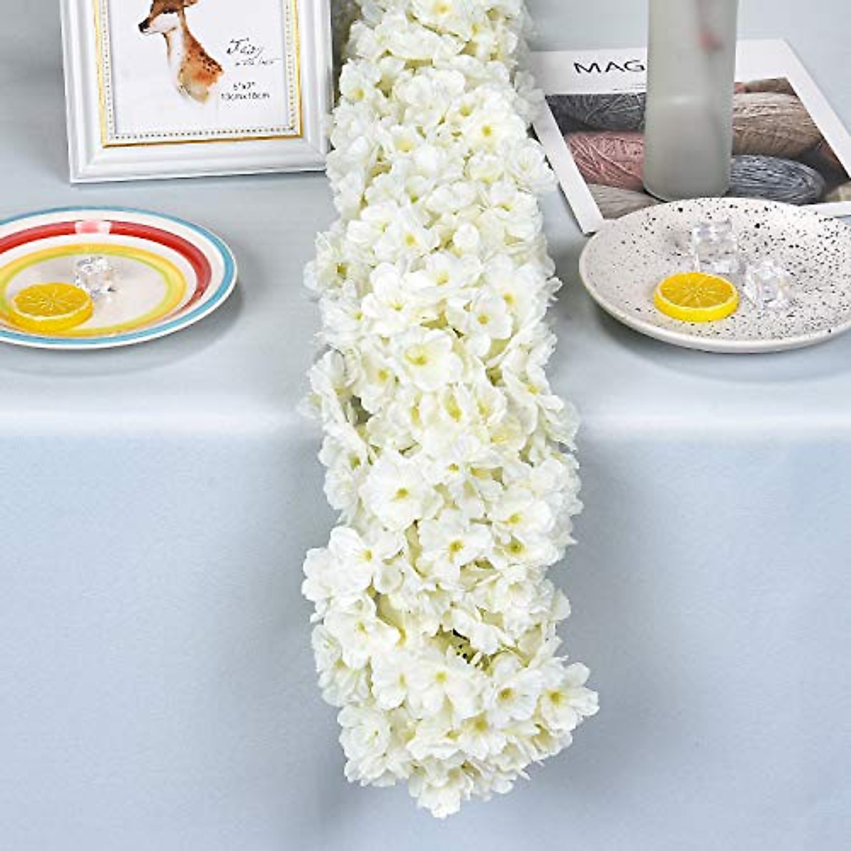 Artflower 2 Pack Artificial Cherry Blossom Garland Hanging Vine Silk Garland Silk Artificial Flower Faux Sakura Garland for Wedding Garden Arch Wall Home Party Decor（White）