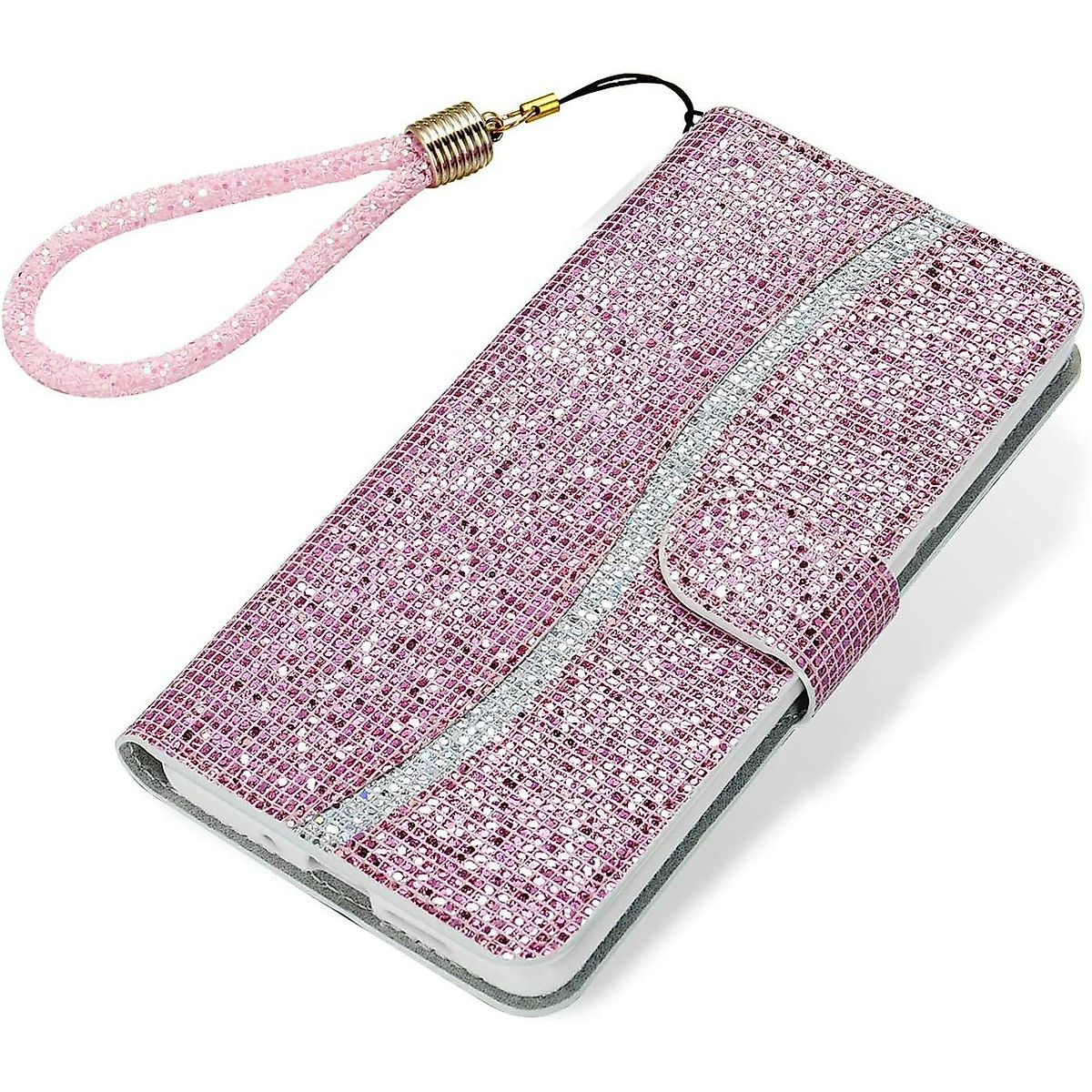 Guppy Bling Wallet Case Compatible with iPhone 14 Plus, PU Flip Blocking Wallet with Wrist Strap Magnetic Closure Built-in Kickstand Protective Case - Silver