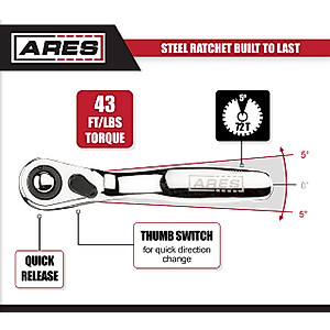 ARES 70041-1/4-Inch Drive High Torque Offset Quick Release Micro Ratchet - 72-Tooth Gearhead with 5 Degree Sweep
