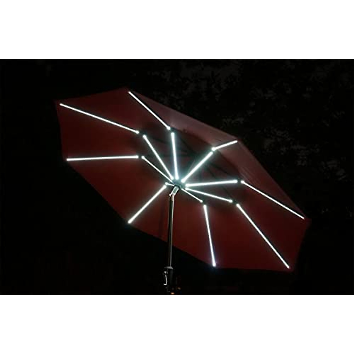 Sun-Ray 811028 9' Round Next Gen 8-Rib Solar Patio Umbrella 32 LED Within Unique Strip Lighting, Crank and Tilt, 9 ft, Scarlet/Red