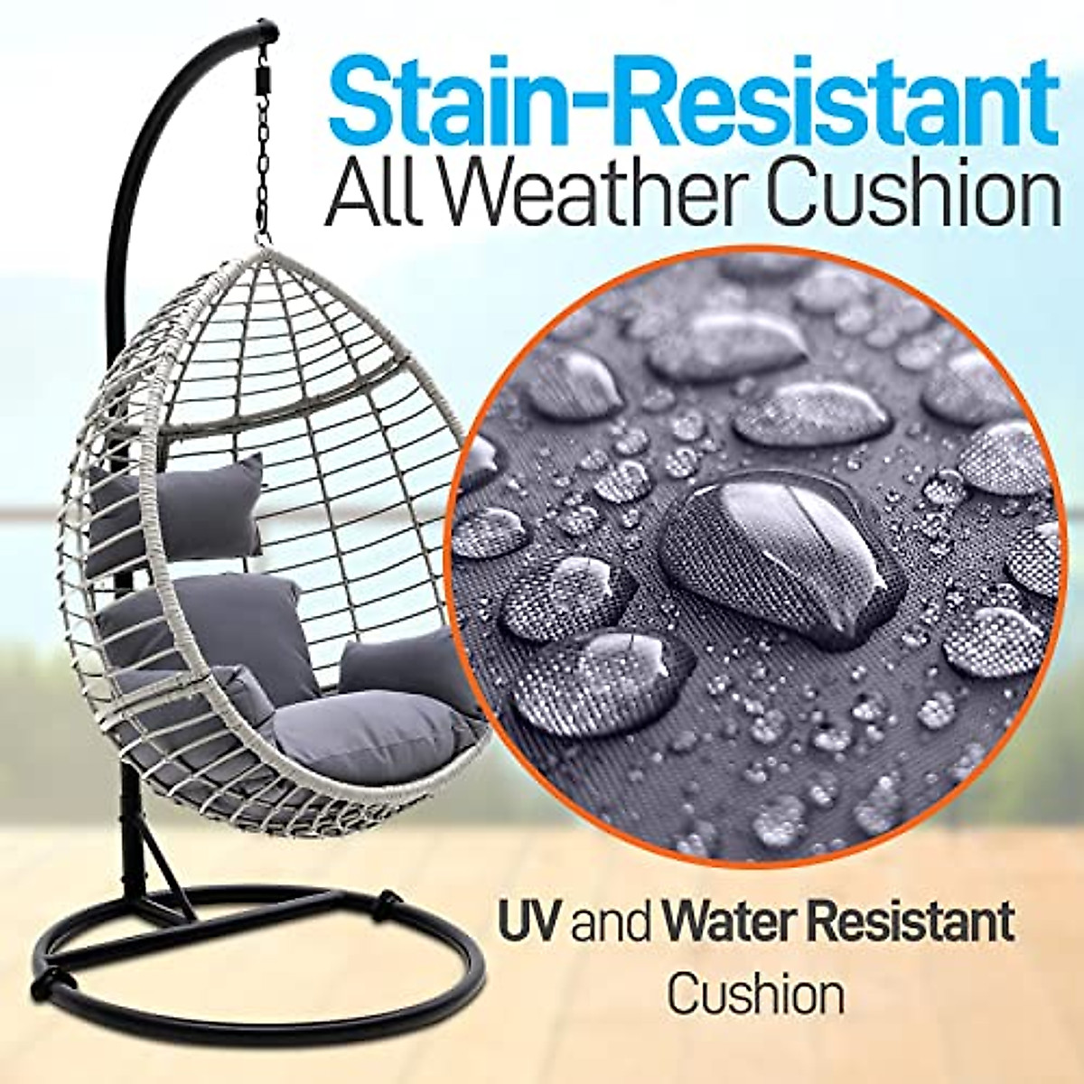 SereneLife Hanging Egg Chair with Stand - Indoor Outdoor Patio Wicker Rattan Lounge Chair with Stand, Steel Frame, UV Resistant Washable Cushions for Garden Backyard Deck Sunroom SLGZ0EGG (Gray)