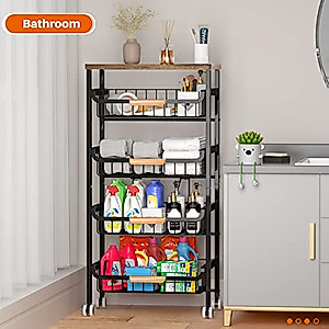5-Tier Rolling Storage Cart with Wheels, Large Capacity Kitchen Cart, Mobile Utility Cart with Wooden Tabletop and Mesh Baskets, Bathroom, Laundry Room