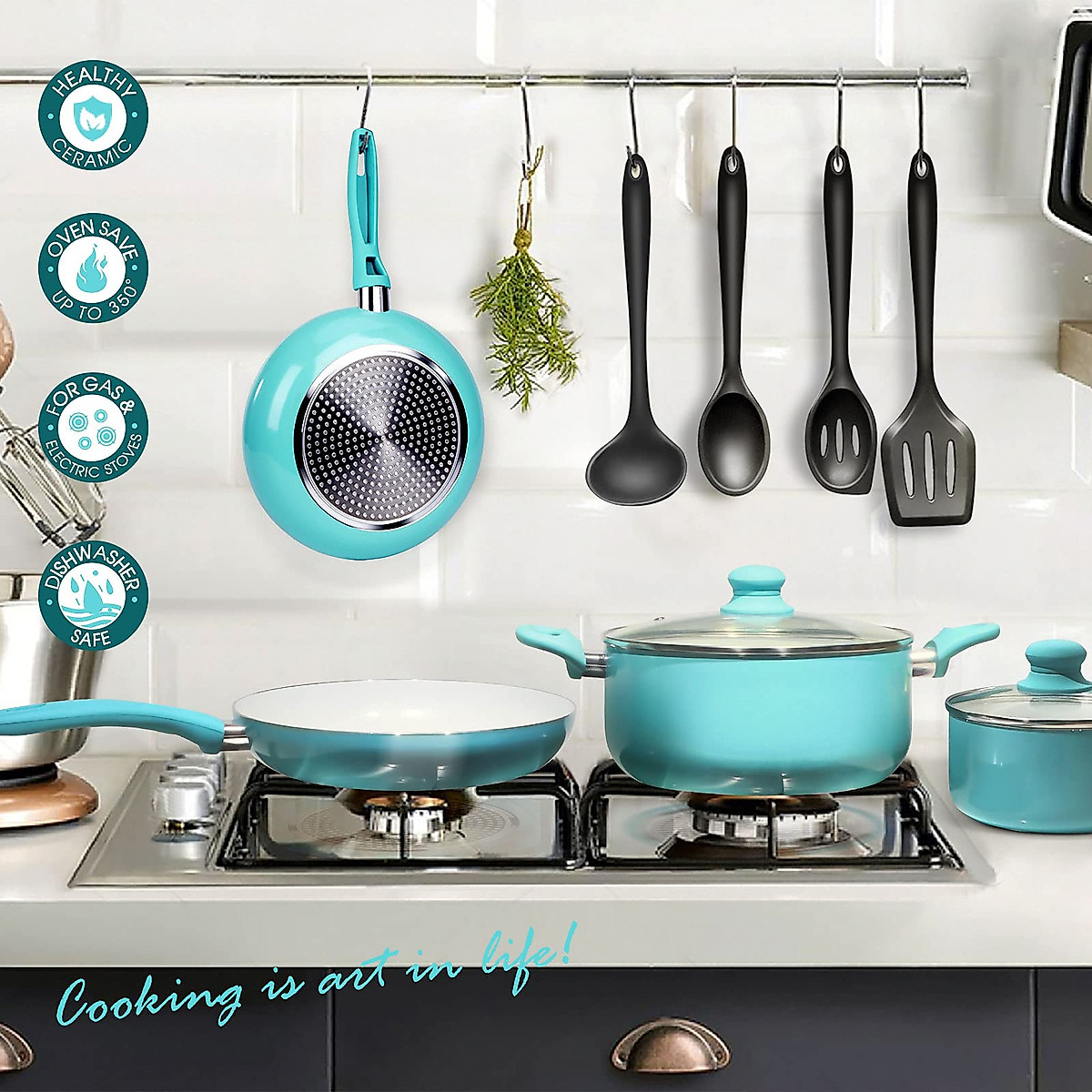 Masthome 16 Piece Ceramic Nonstick Cookware Set,Soft Grip Healthy Pots and Pans Set with Lids and Utensils for Kitchen,PFAS-Free, Dishwasher Safe-Tiffany Blue Extra Spoons and Silicone Spatula Set