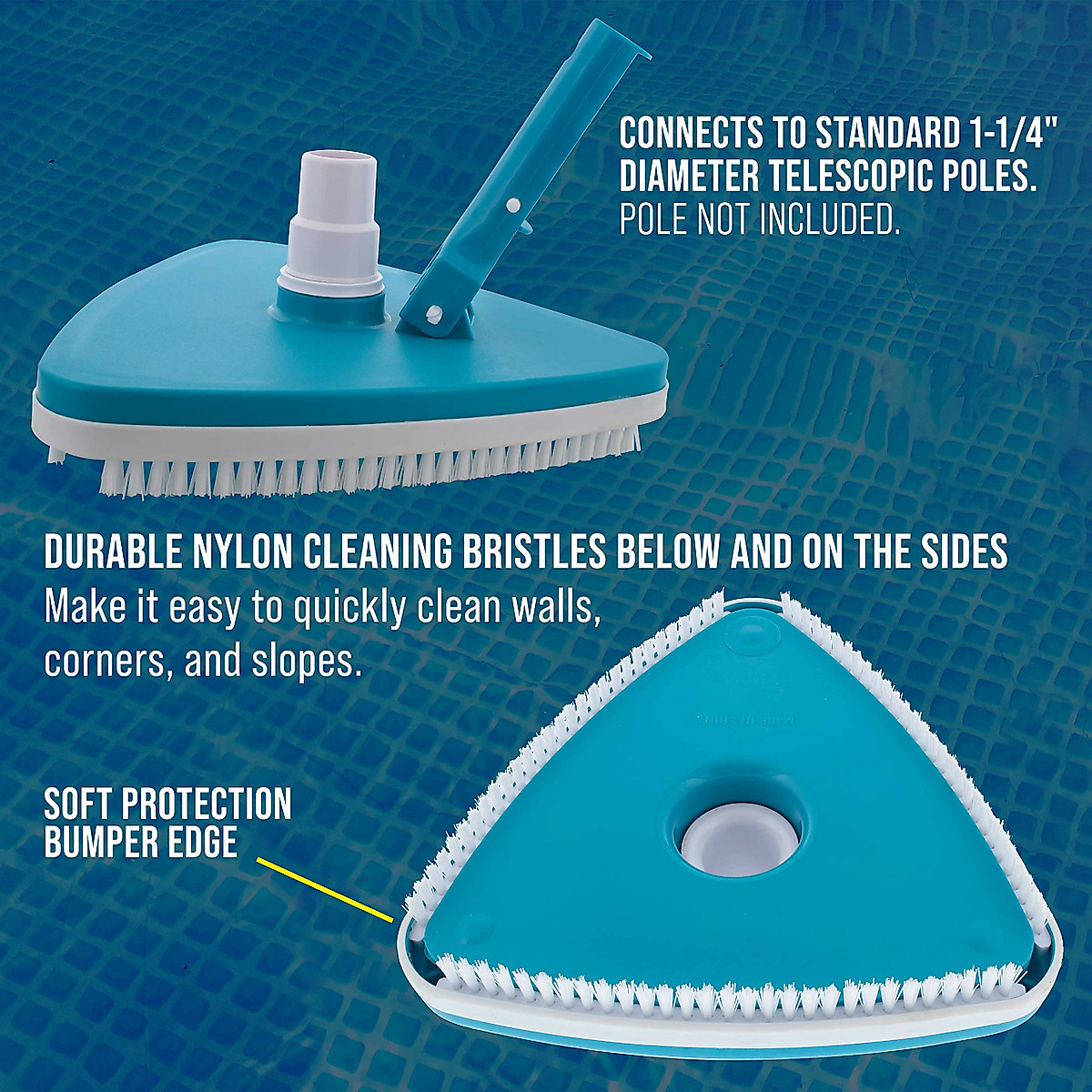 U.S. Pool Supply Weighted Triangular Pool Vacuum Head with Swivel Connection, Pole Handle, Protection Bumper - For Above Ground & In-Ground Swimming Pools – Vinyl Liner Safe, Floor Wall Corner Cleaner
