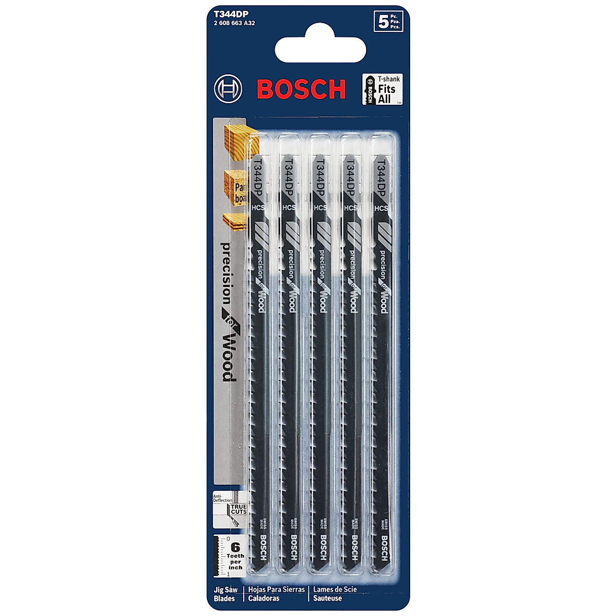 BOSCH T344DP 5-Piece 6 In. 6 TPI Precision for Wood T-Shank Jig Saw Blades,Black