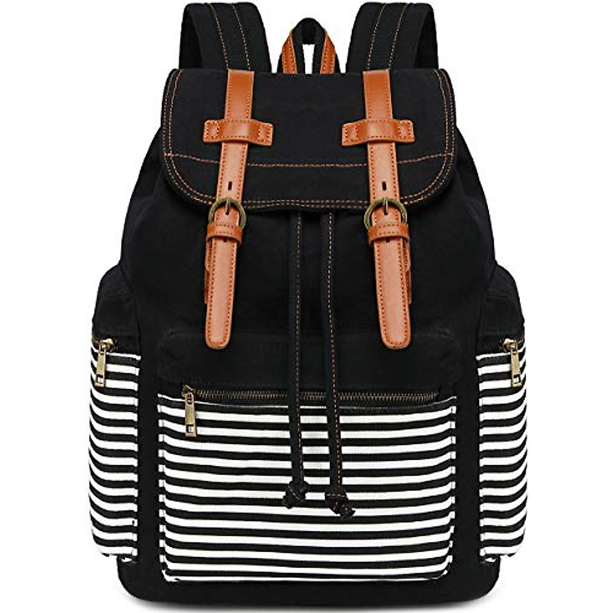 Bluboon Canvas School Backpack Women College Bookbag Girls Travel Rucksack 15.6Inch Laptop Bag (Black Stripe)