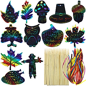 Aviski 72PCS Thanksgiving Rainbow Scratch Art, Fall Paper Crafts for Kids, Thanksgiving Day Pumpkin Maple Turkey Hanging Ornament Decorations, Art Craft Supplies for Home Tree Classroom Decor
