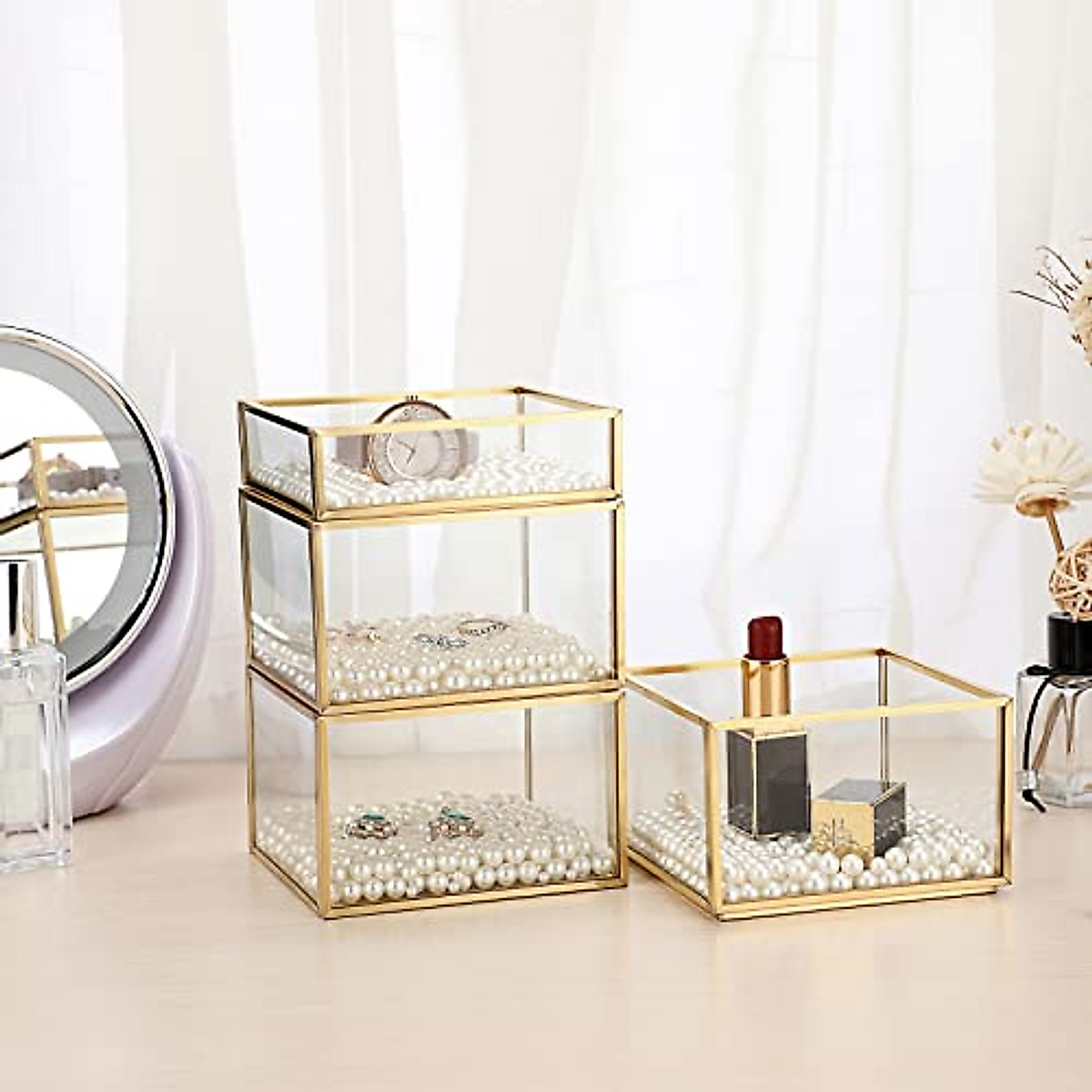 Hipiwe 4-Tiered Gold Glass Jewelry Box Stackable Trinket Organizer Decorative Glass Box Q-tip Holder Cotton Ball and Swab Storage Holder for Bathroom Dresser Office Countertop