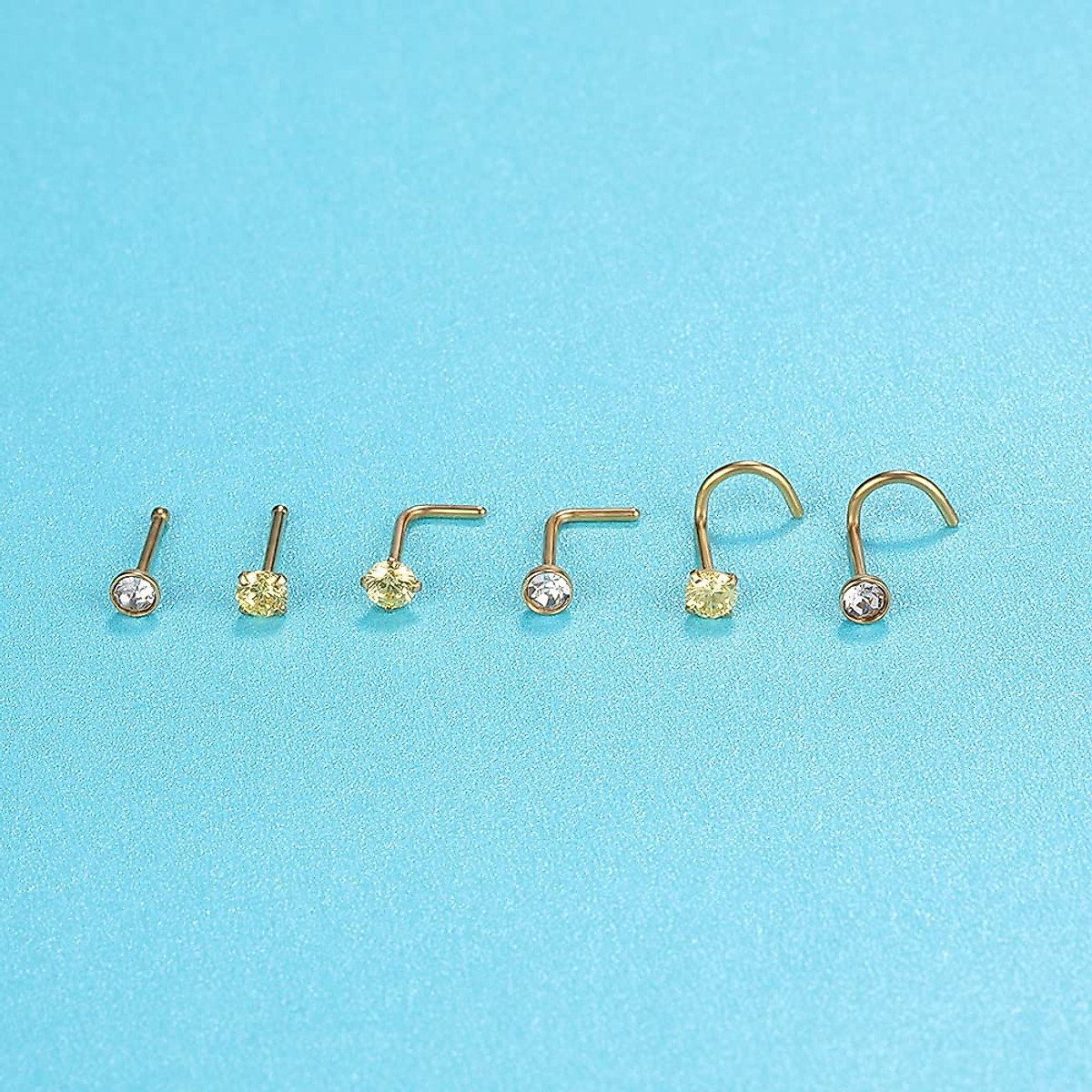 BodyAce 12pcs 20g Gold Nose Ring Hoop Nose Studs for Men Women Nose Piercing Jewelry Diamond Septum Ring Nose Bones/L Shaped/Nose Screw Sets Stainless Steel Nostril Studs (Gold)