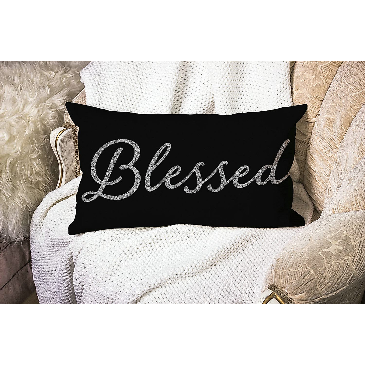 Smooffly Inspirational Blessed Words Waist Lumbar Black Cotton Linen Throw Pillow case Cushion Cover for Sofa Home Decorative Oblong 12"x20" Inches
