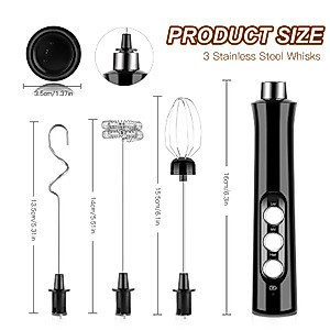 Electric Milk Frother Handheld with 3 Whisks - USB Rechargeable frother 3-Speed Adjustable Foam Maker Drink Mixer for coffee Latte Cappuccino Cake Egg Hot Chocolate