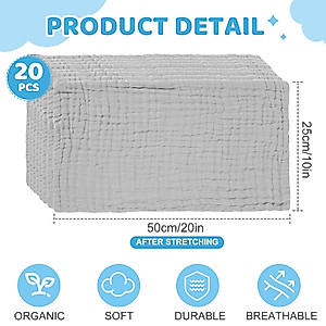 20 Packs Muslin Baby Burp Cloths Set Large 20 x 10 Inch Cotton 6 Layers Burp Cloths for Baby Girl Newborn Washcloths Infant Burp Wipes Soft and Absorbent Napkins for Boys and Girls (Gray)