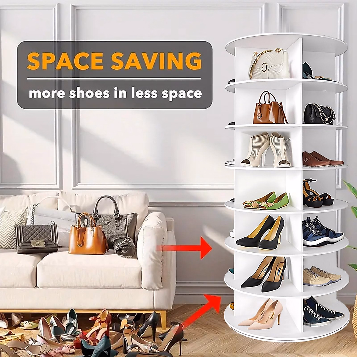 AUNVITO 7 Tier Rotating Shoe Rack Tower Free Standing Shoe Storage Rack 360° Vertical Handbag Shoe Display Organization Lazy Susan Shoe Shelf Organizer Shoe Rack Organizer for Living Room Hallway