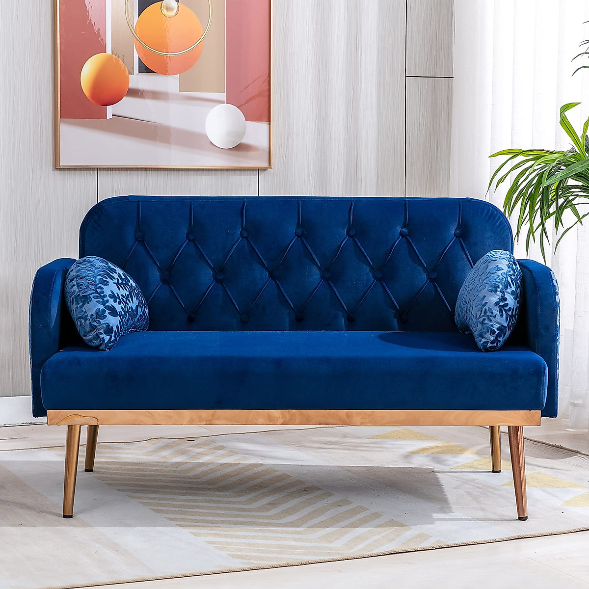55-inch Small Velvet Couch with Elegant Moon Shape Pillows, Twin Size Loveseat Accent Sofa with Golden Metal Legs, Living Room Sofa with Tufted Backrest, 600 Pounds Weight Capacity, Navy Blue