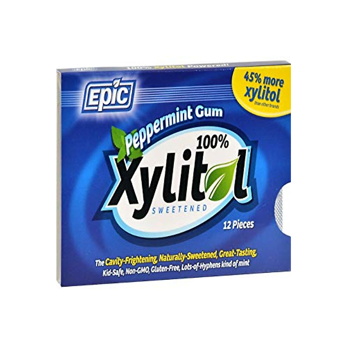 Epic Xylitol Chewing Gum - Sugar Free & Aspartame Free Chewing Gum Sweetened w/Xylitol for Dry Mouth & Gum Health (Peppermint, 12-Piece Pack, 12 Packs)