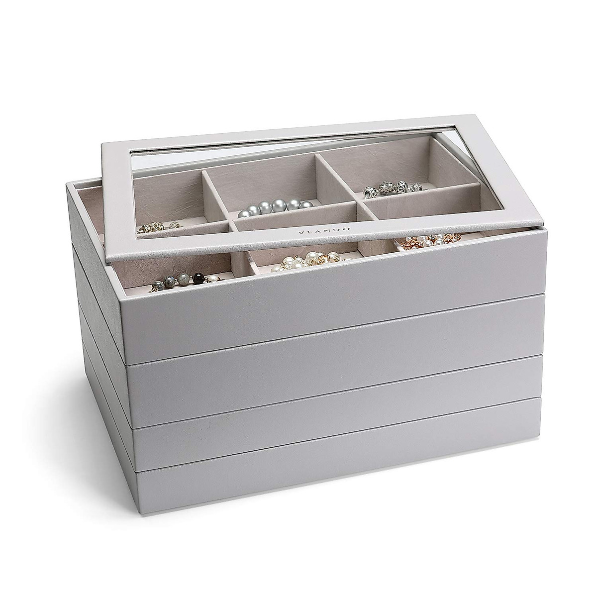 Vlando Jewelry Tray - Faux Leather Glass-top Jewelry Storage Organizer - Earring Necklace Bracelet Ring Display Desktop Drawer Chest, 4-Layer w/Clear Lid, Grey
